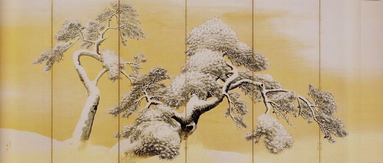 Maruyama Ōkyo's "Pine Trees in Snow" folding screen painting ...